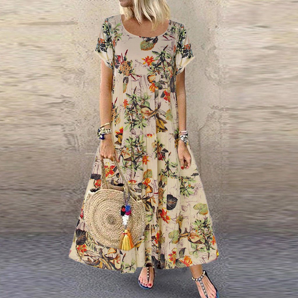 Short Sleeve Retro Linen Print Long Maxi Dress - Deb Shops